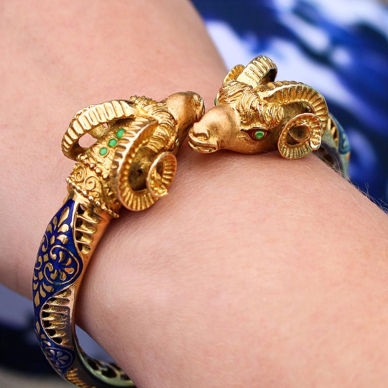 1960s Enamel Emerald Yellow Gold Ram's Heads Bangle Bracelet at 1stDibs ...