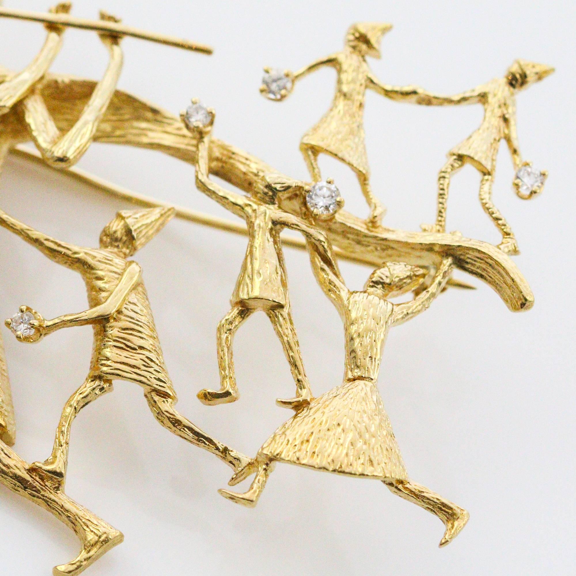 1970s Peter Lindeman 18 Karat Yellow Gold and Diamond Pied Piper Brooch ...