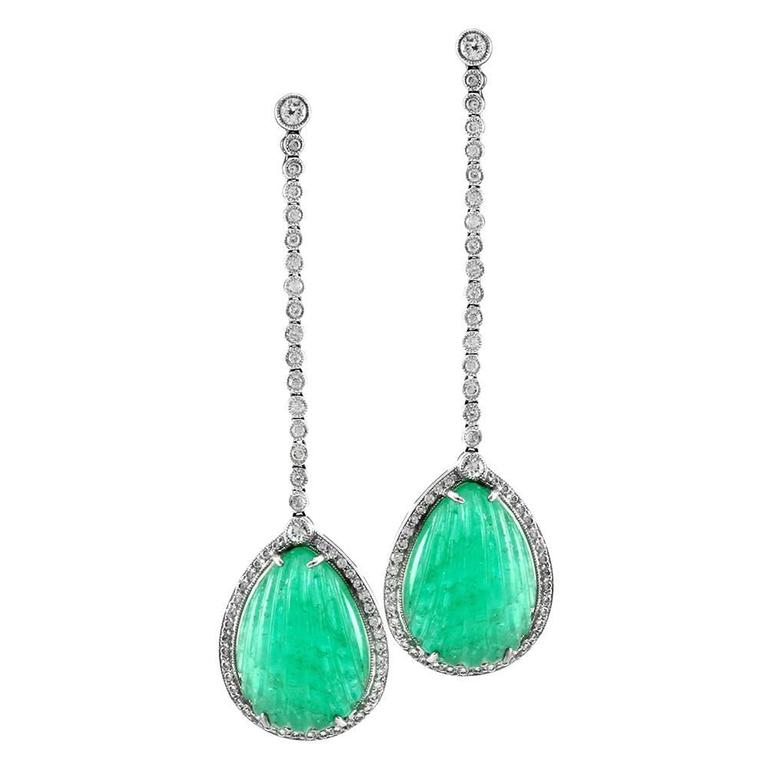Carved Emerald and Diamond Drop Dangle Earrings in 18K White Gold at ...