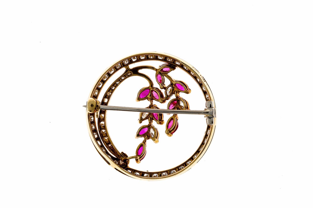 Italian Ruby Diamond Gold Flower Design Round Pin at 1stDibs