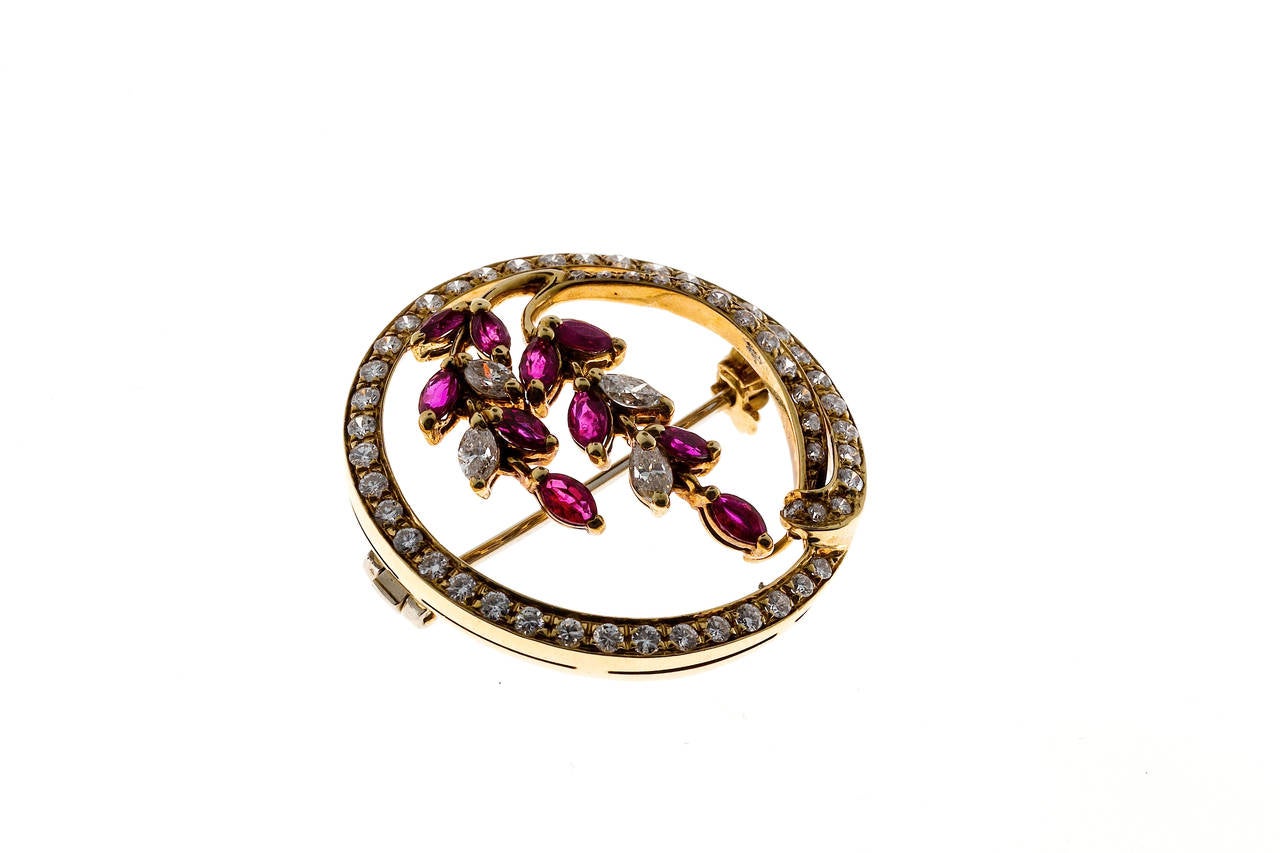 Italian Ruby Diamond Gold Flower Design Round Pin at 1stDibs