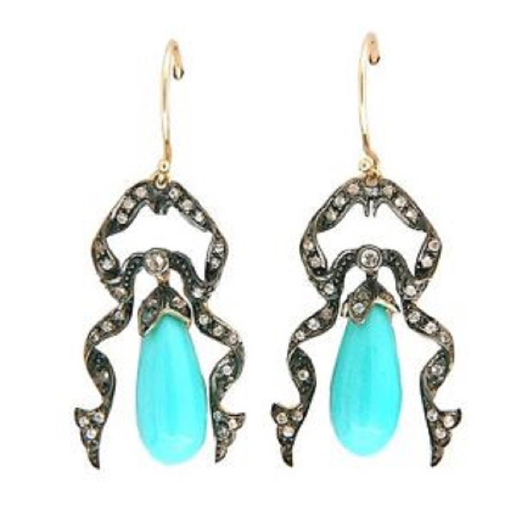 Victorian Turquoise Round Diamond Gold Dangle Earrings For Sale at 1stdibs