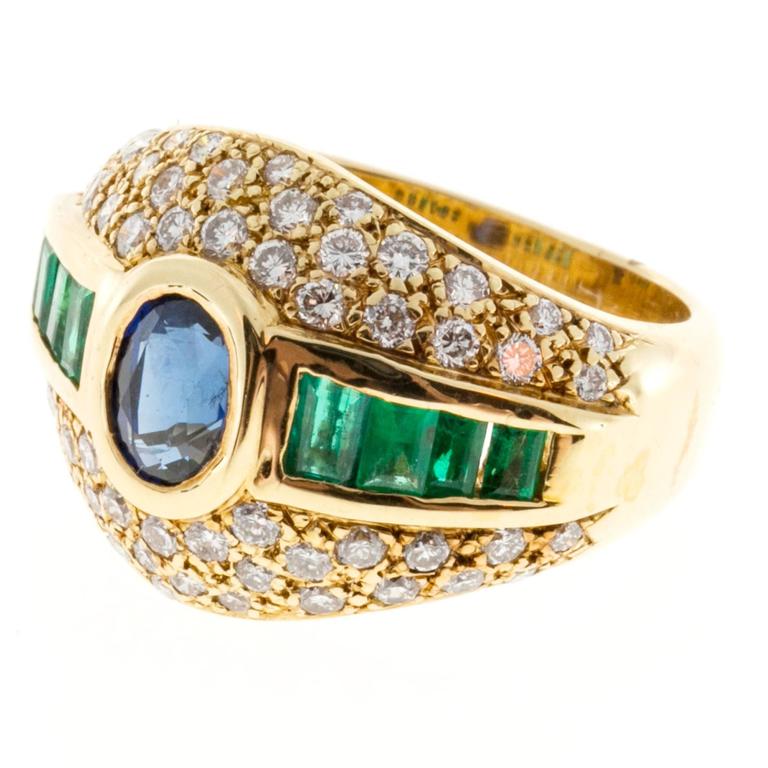 Oval Sapphire Emerald Pave Diamond Gold Ring at 1stDibs