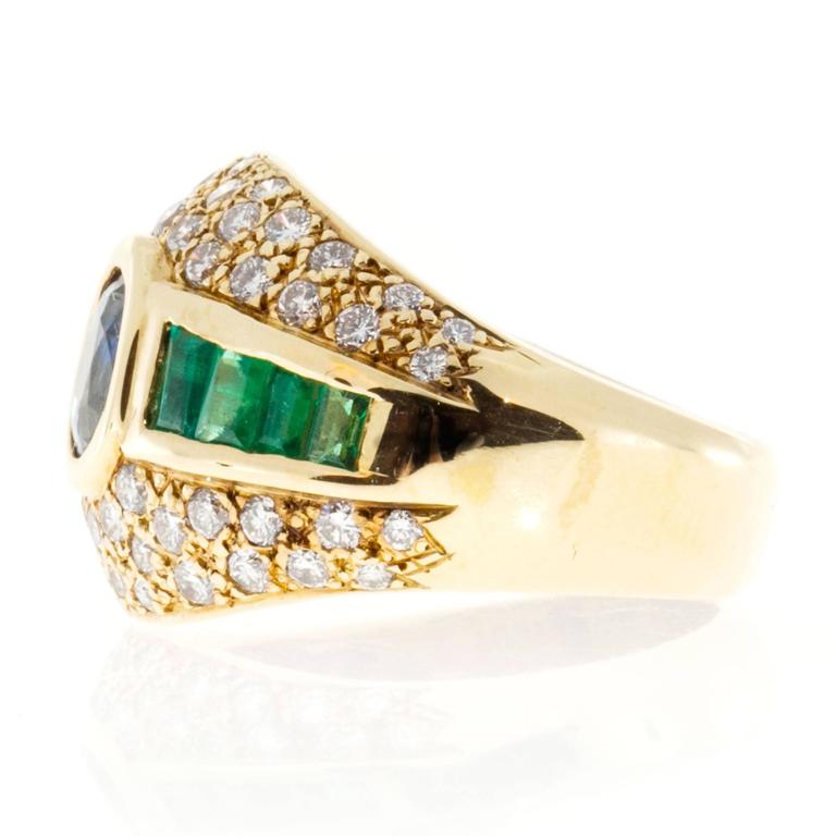 Oval Sapphire Emerald Pave Diamond Gold Ring at 1stDibs