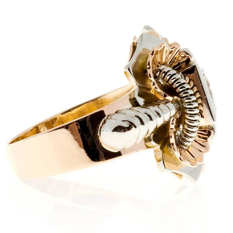 Retro Italian Diamond Two Color Gold Ring at 1stDibs