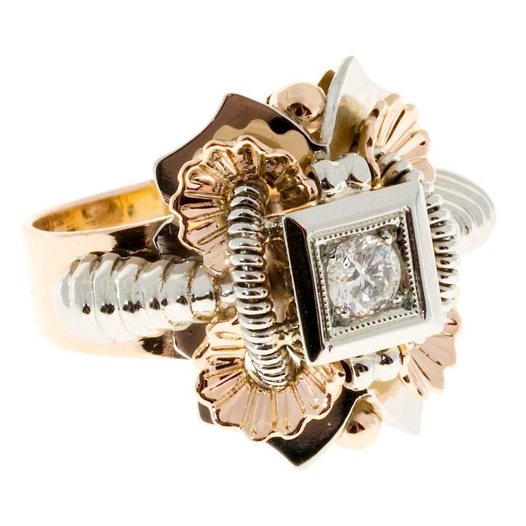 Retro Italian Diamond Two Color Gold Ring at 1stDibs