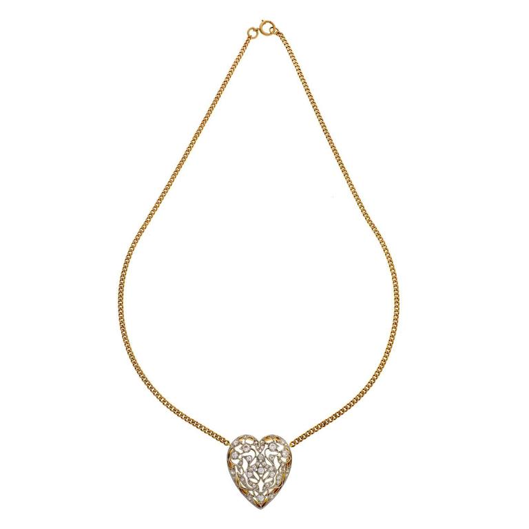 Diamond Gold Open Work Platinum Heart Pendant Necklace at 1stDibs