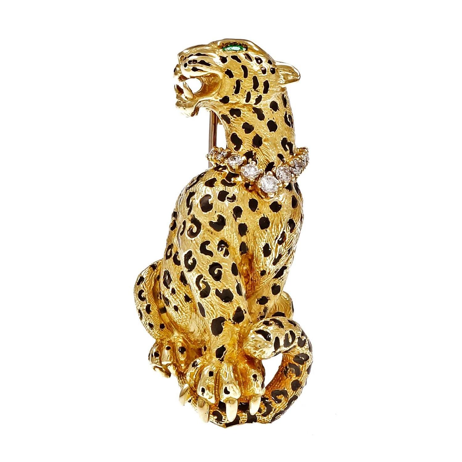 Fred Emerald Diamond Gold Leopard Pin at 1stdibs