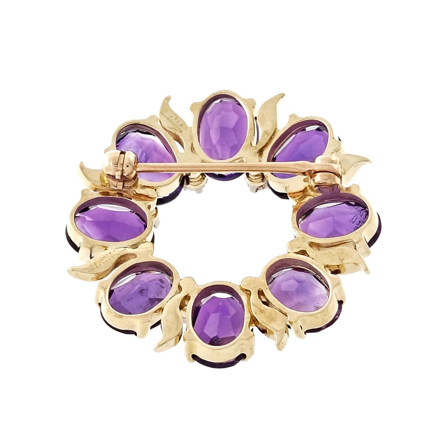 Tiffany and Co. Amethyst Diamond Gold Circle Pin For Sale at 1stdibs