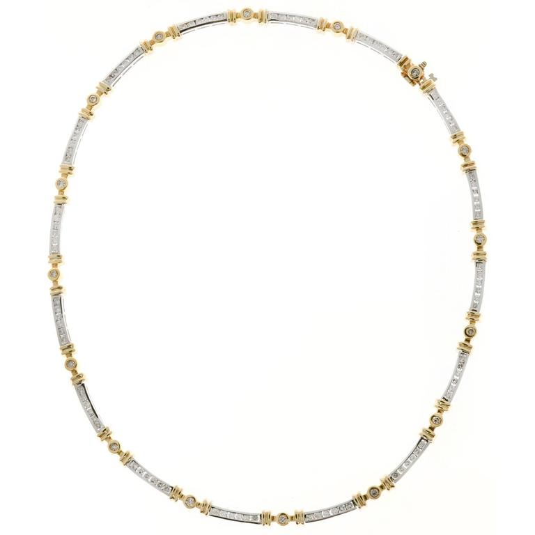 Diamond Channel and Bezel Set Two Color Gold Necklace at 1stDibs