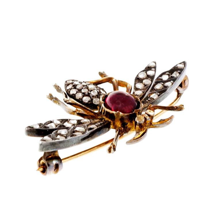 Garnet Diamond Silver Gold Wasp Pin at 1stDibs