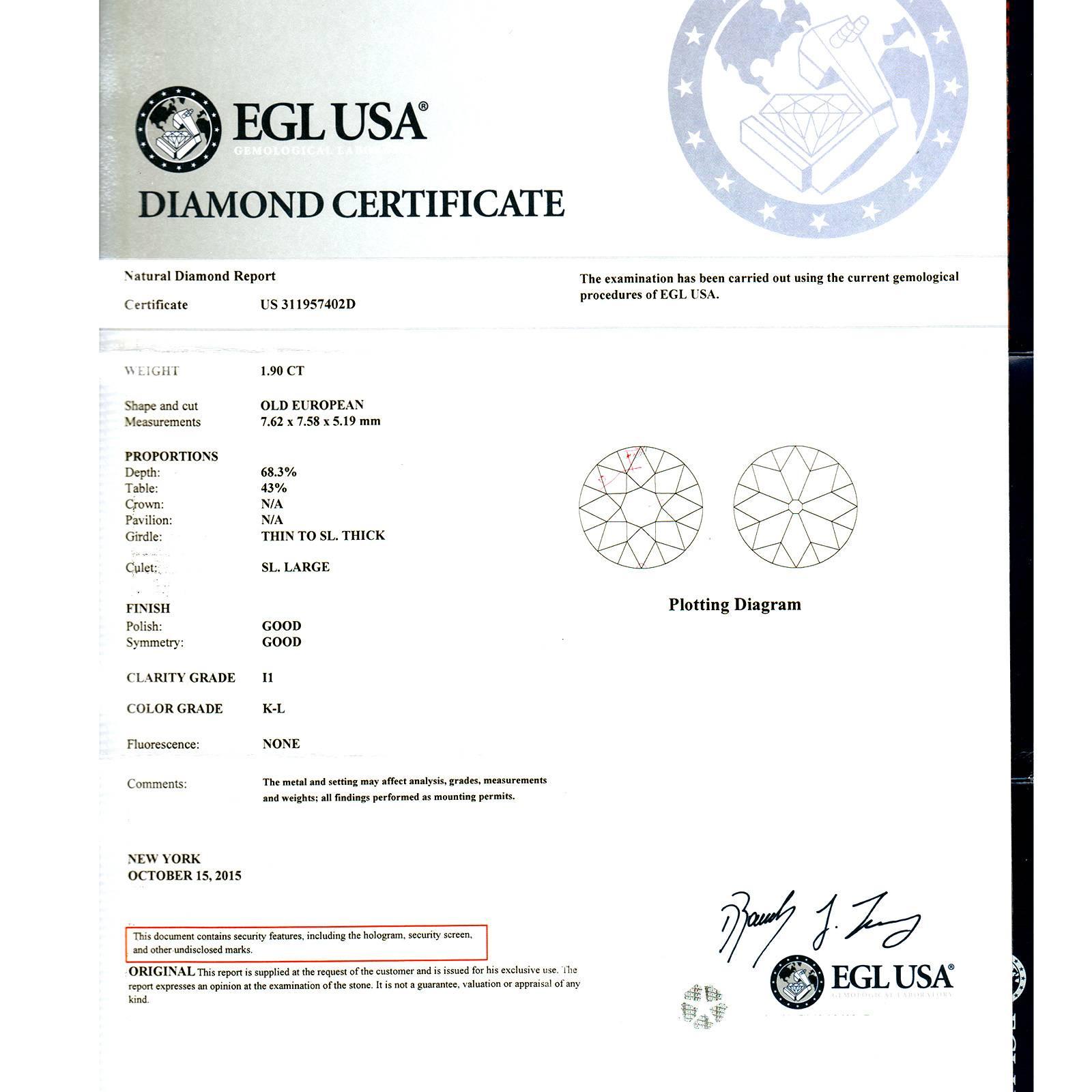 EGL Certified 1.90 Carat Diamond Edwardian Filigree Platinum Engagement ...