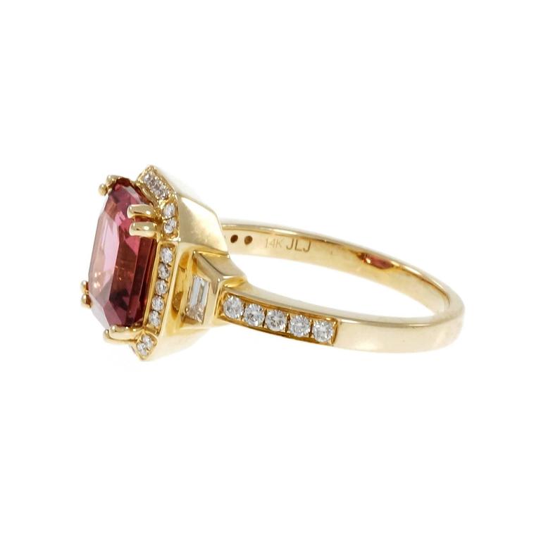 Square Pink Tourmaline Diamond Halo Gold Engagement Ring, Signed JLJ at ...