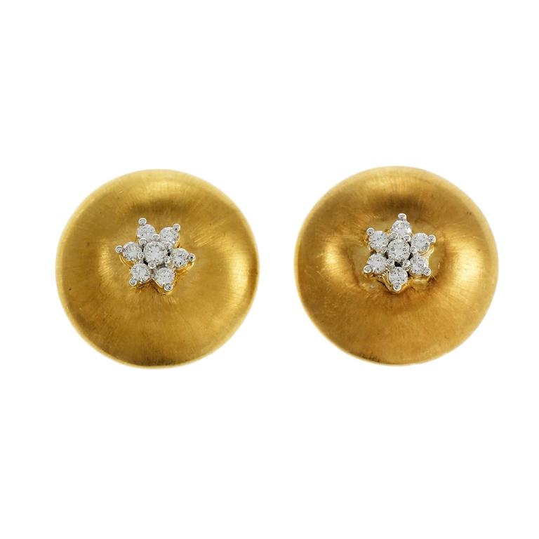 Diamond Cluster Dome Button Textured Gold Earrings at 1stDibs