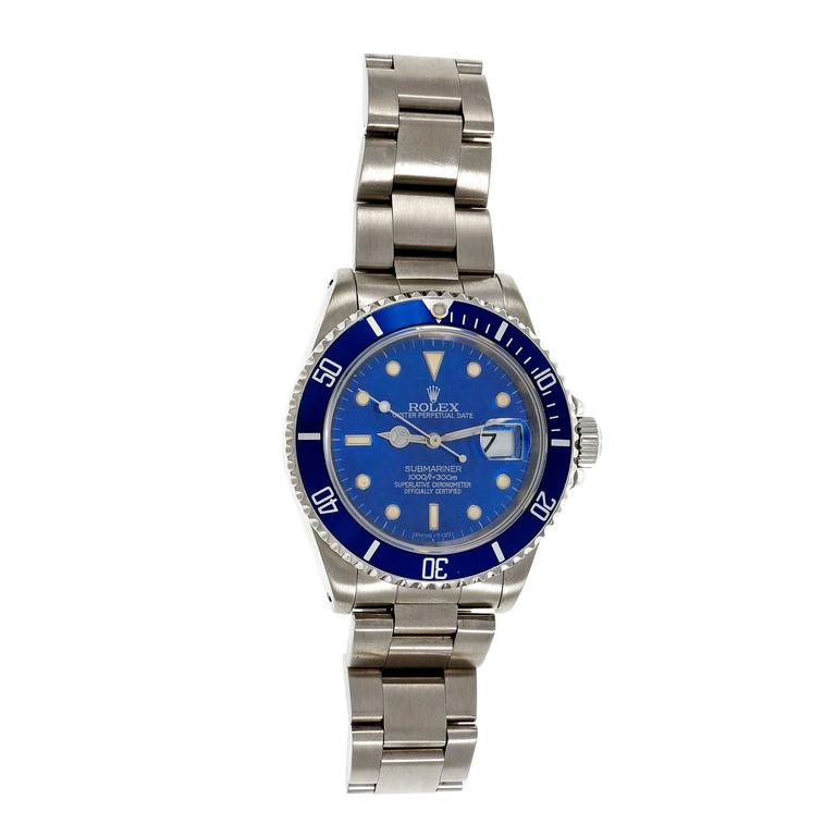 Rolex Steel Submariner Custom Blue Dial Bezel Automatic Wristwatch Ref ...