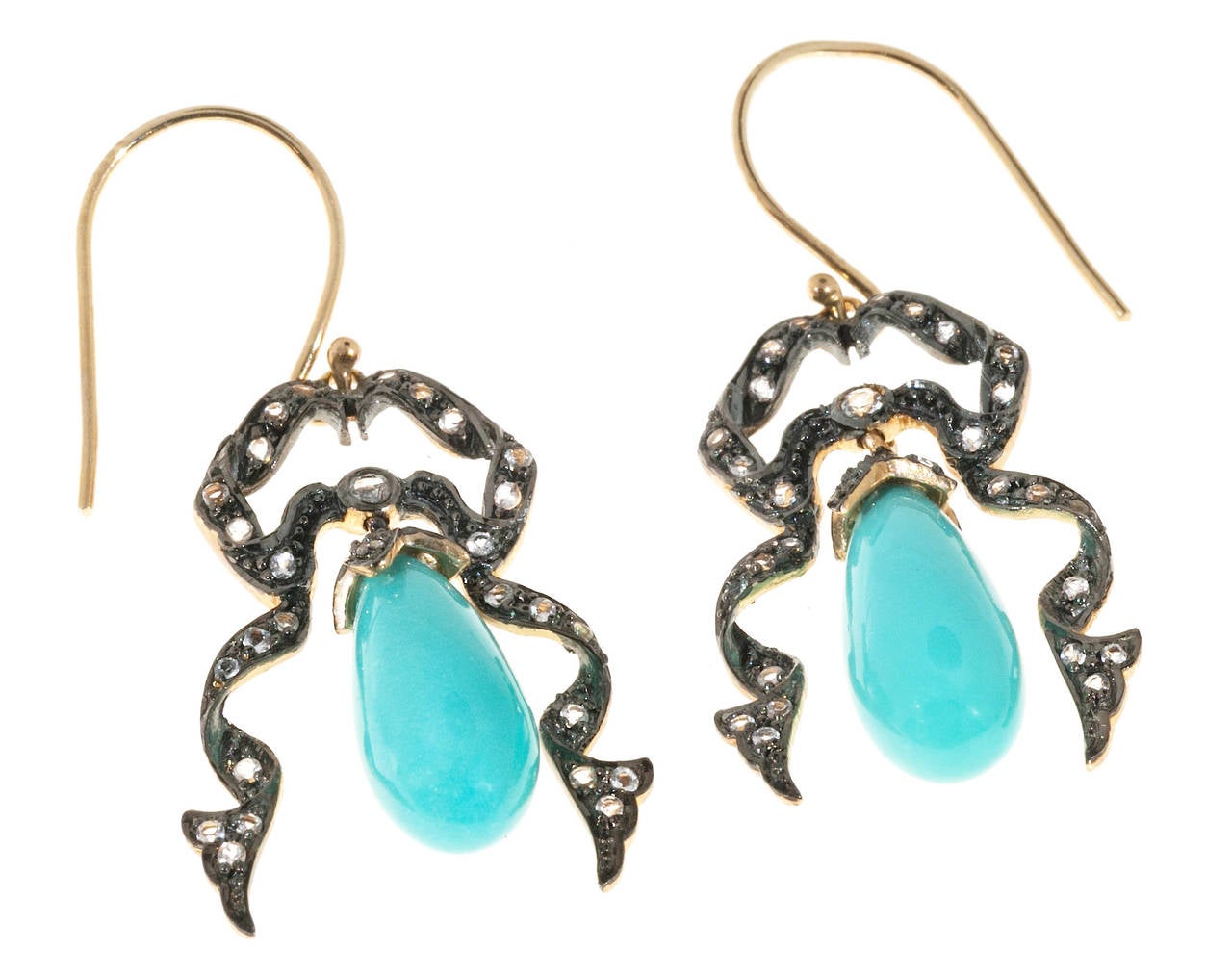 Victorian Turquoise Round Diamond Gold Dangle Earrings For Sale at 1stdibs