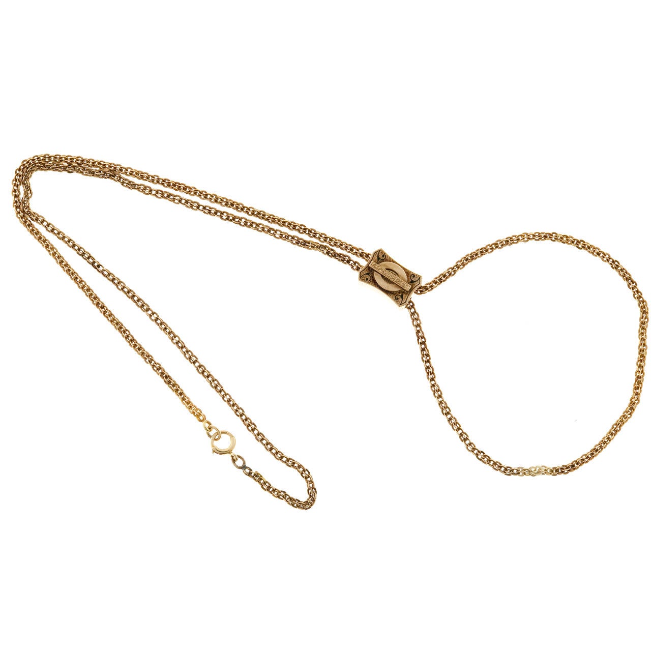 Victorian Handmade Engraved Enamel Gold Chain and Slide at 1stDibs