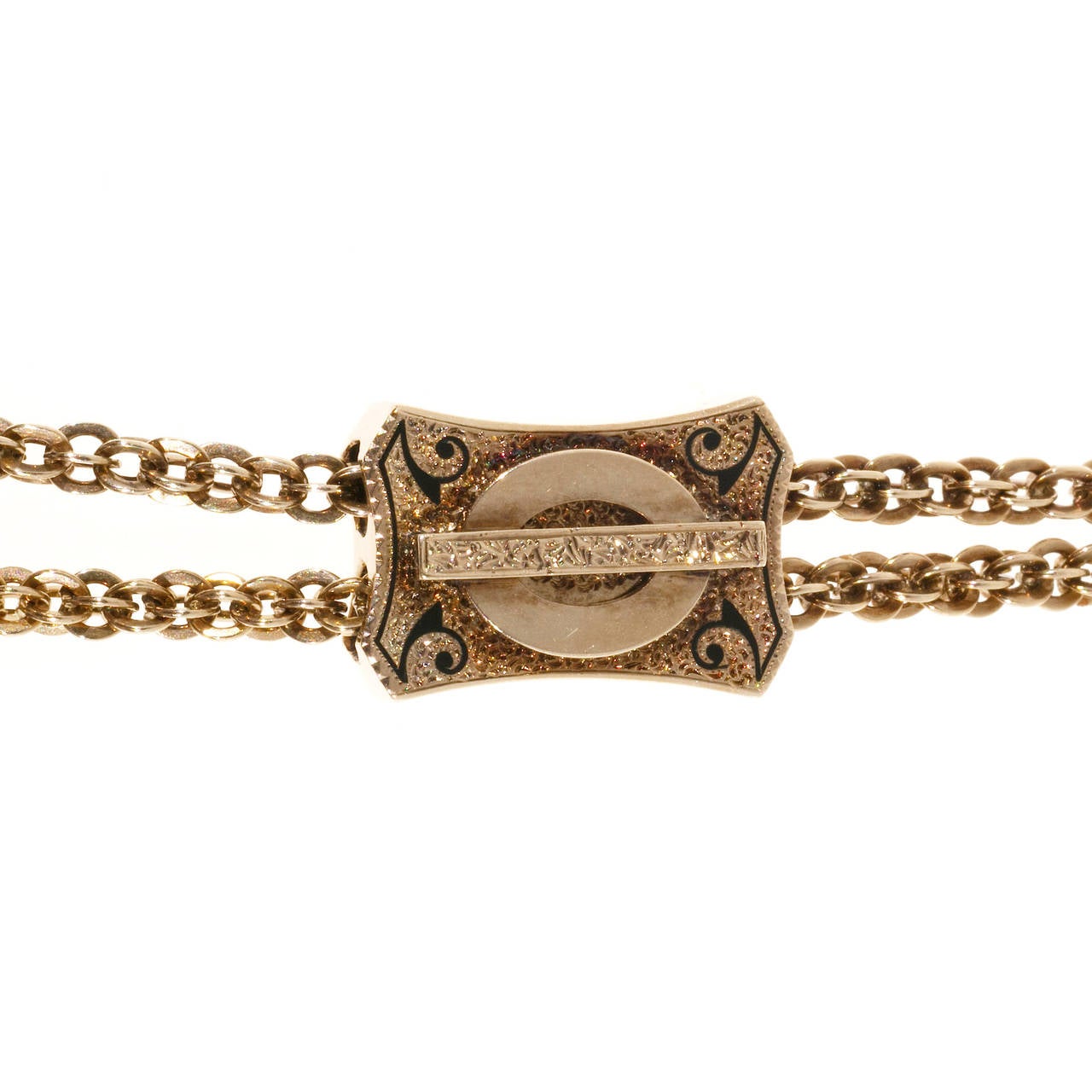 Victorian Handmade Engraved Enamel Gold Chain and Slide at 1stDibs