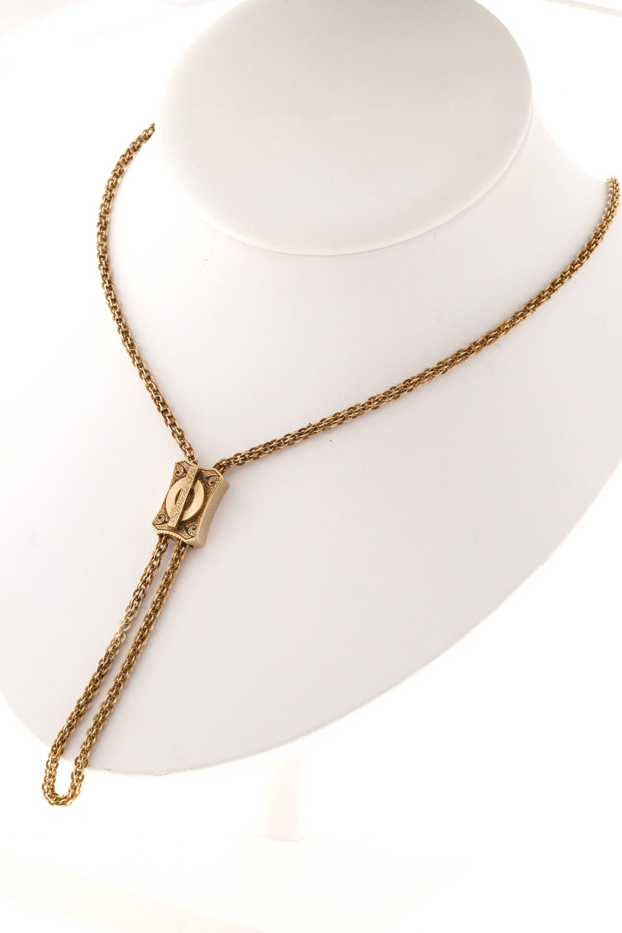 Victorian Handmade Engraved Enamel Gold Chain and Slide at 1stDibs
