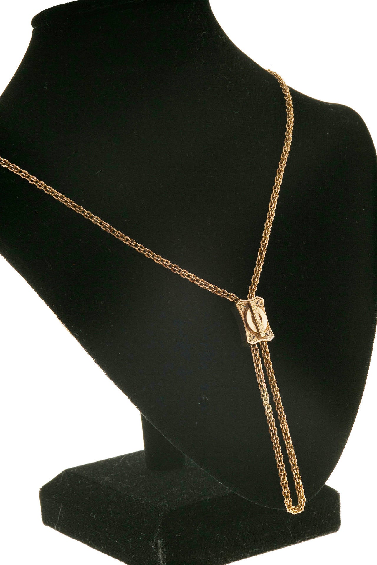 Victorian Handmade Engraved Enamel Gold Chain and Slide at 1stDibs