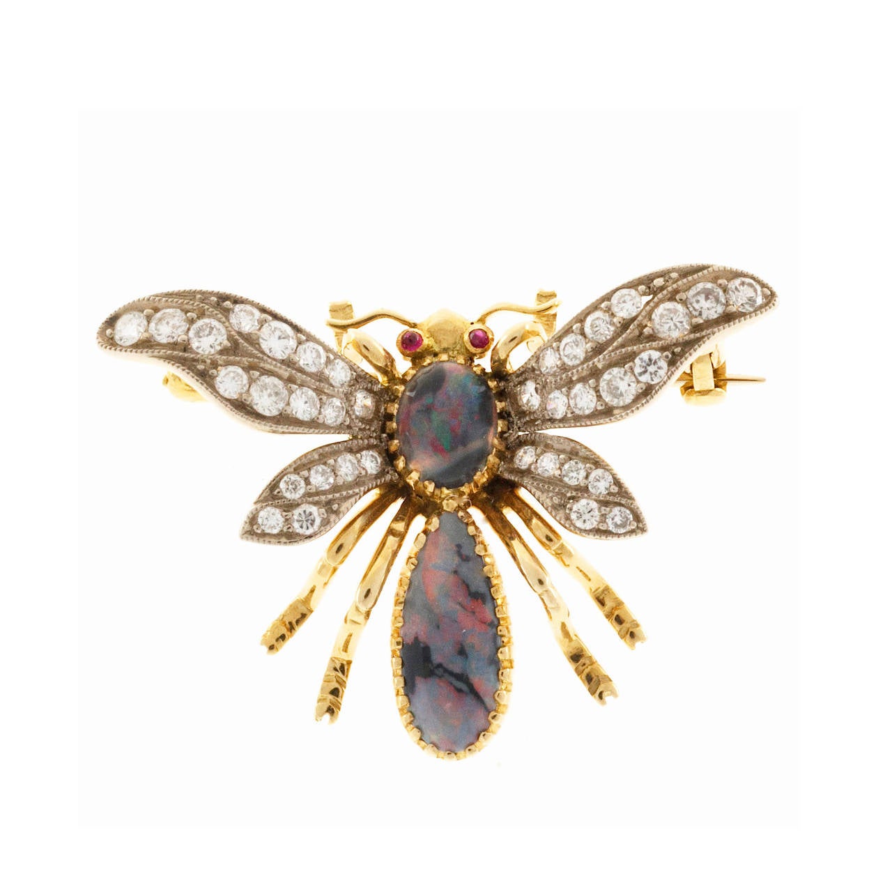 Natural Australian Black Opal and Diamond and Ruby Eyes Bee Pin at 1stDibs