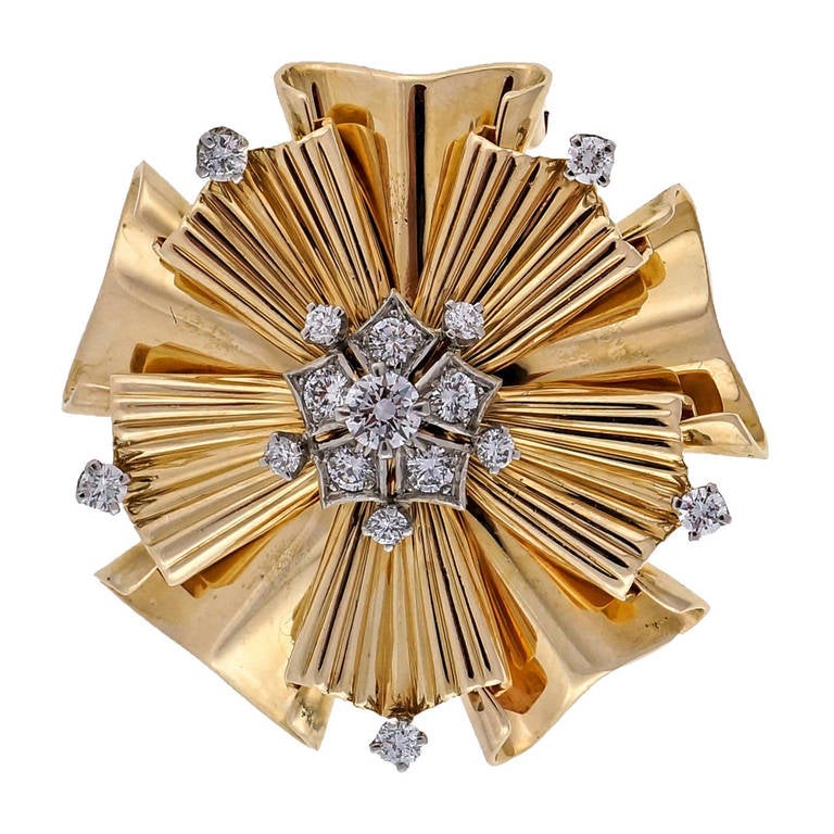 Tiffany and Co .70 Carat Diamond Gold Folded Ribbon Brooch Pendant For ...
