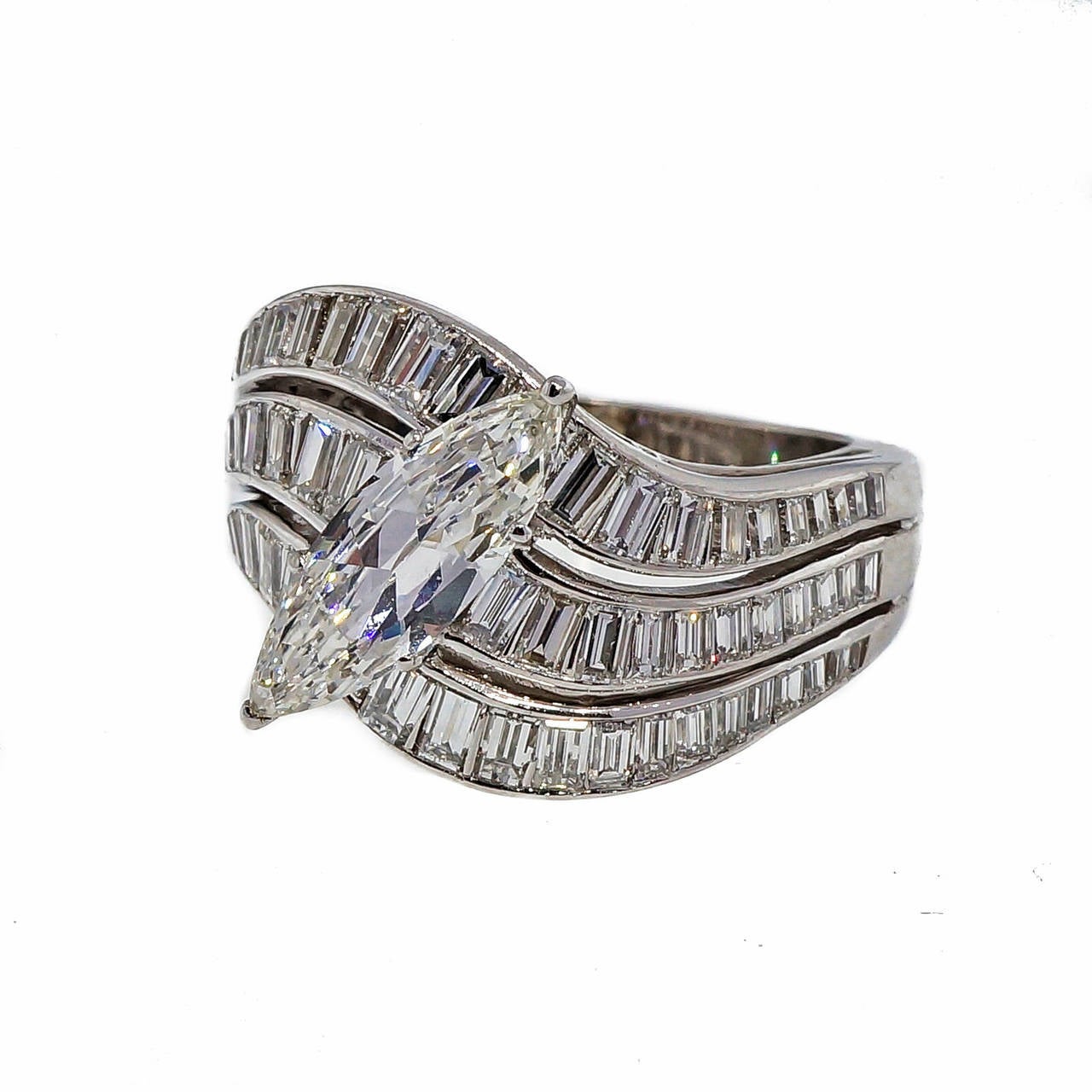 Elongated Marquise Diamond Platinum Three Row Baguette Ring at 1stDibs