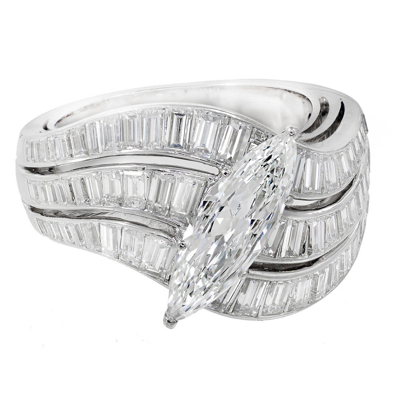 Elongated Marquise Diamond Platinum Three Row Baguette Ring at 1stDibs