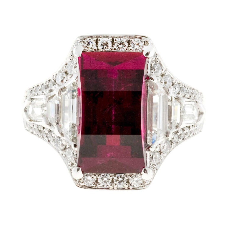 Rubellite Red Tourmaline Diamond Platinum Engagement Ring For Sale at ...