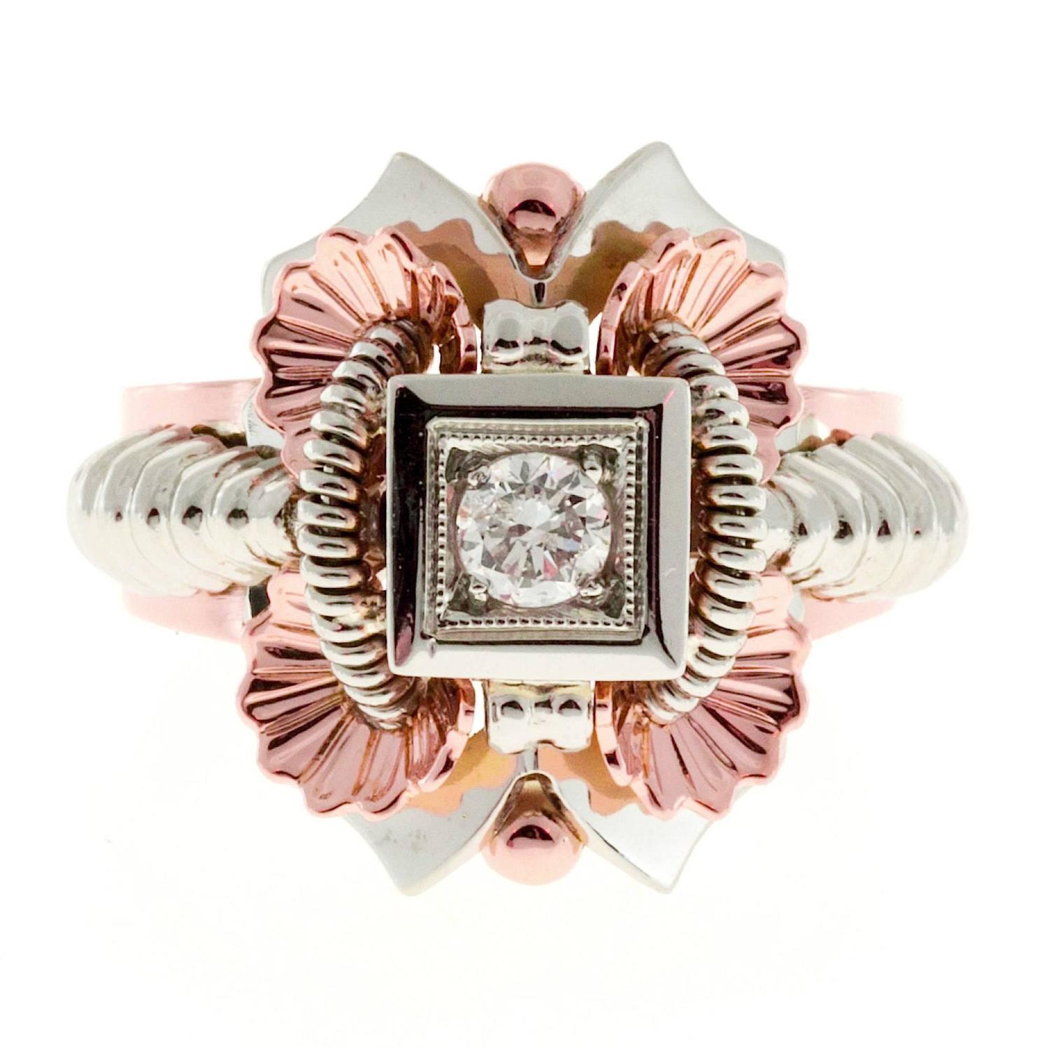 Retro Italian Diamond Two Color Gold Ring For Sale at 1stdibs