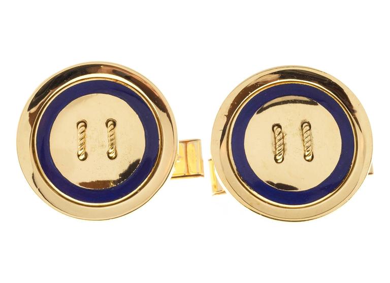 Blue Enamel Button Style Gold Cufflinks For Sale at 1stDibs