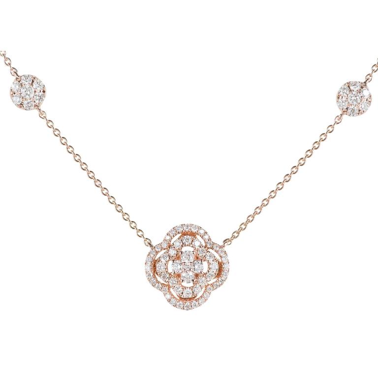 Diamond Cluster Rose Gold Pendant Necklace For Sale at 1stDibs