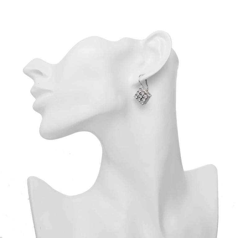 Diamond Square Cluster White Gold Euro Wire Tops Dangle Earrings For ...
