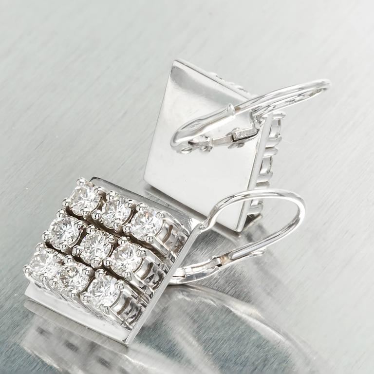 Diamond Square Cluster White Gold Euro Wire Tops Dangle Earrings For ...
