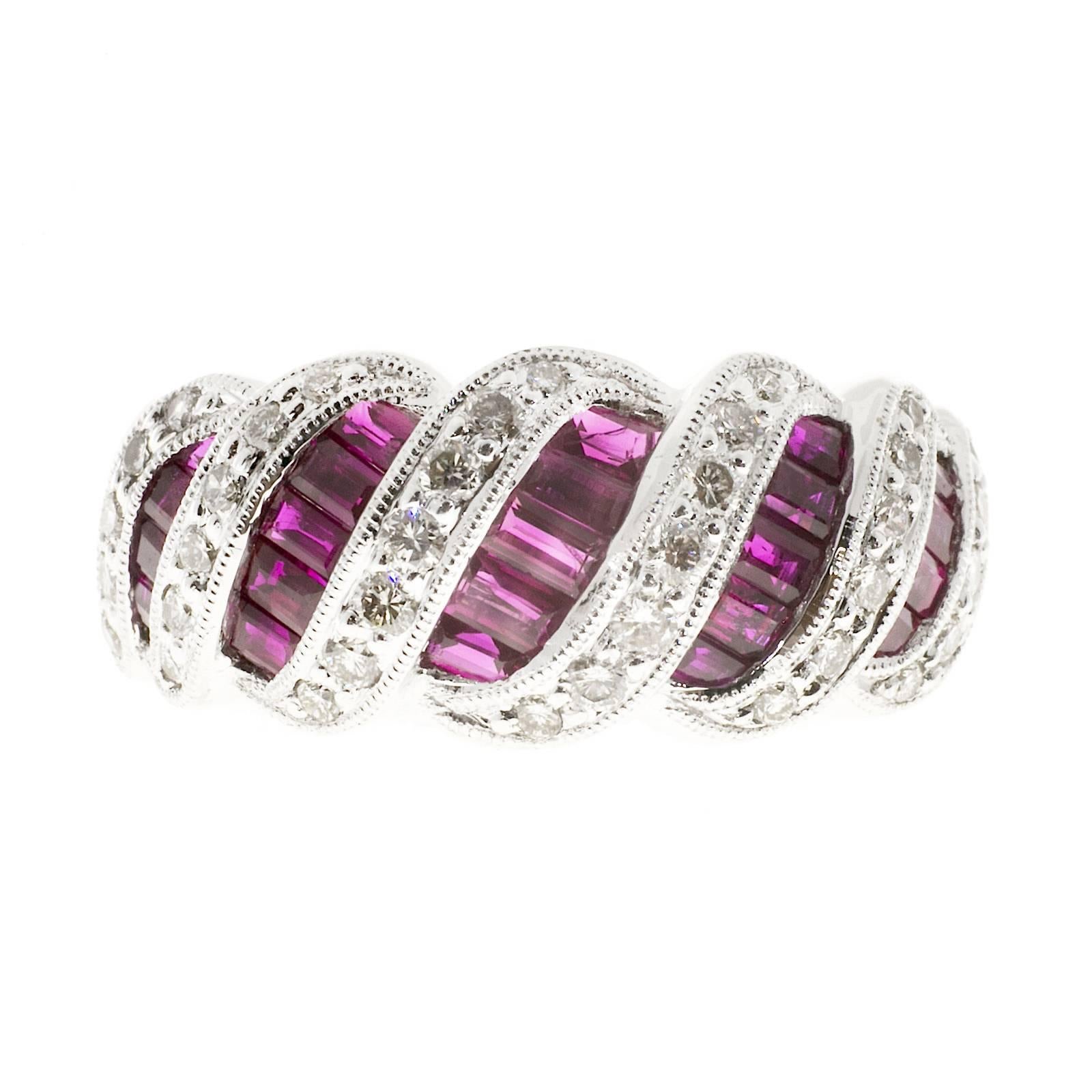 Ruby Diamond Yellow Gold Baguette Swirl Ring at 1stDibs