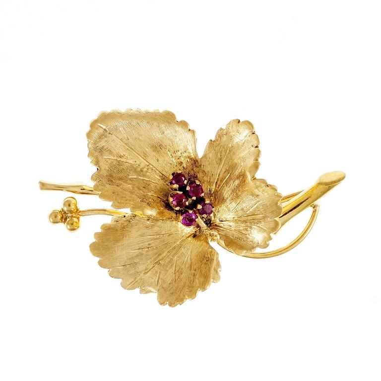 Tiffany and Co. Ruby Leaf Gold Brooch For Sale at 1stdibs