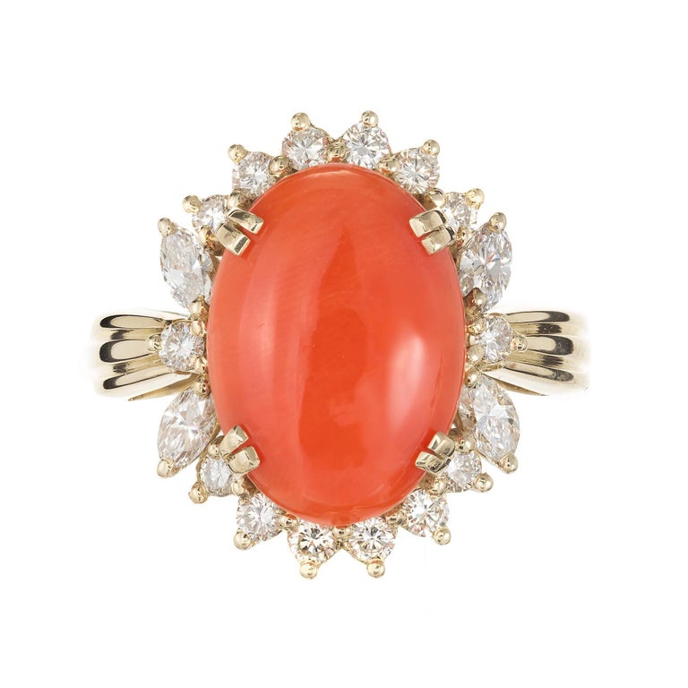 GIA Certified Natural Orange Coral Diamond Halo Gold Cocktail Ring at ...