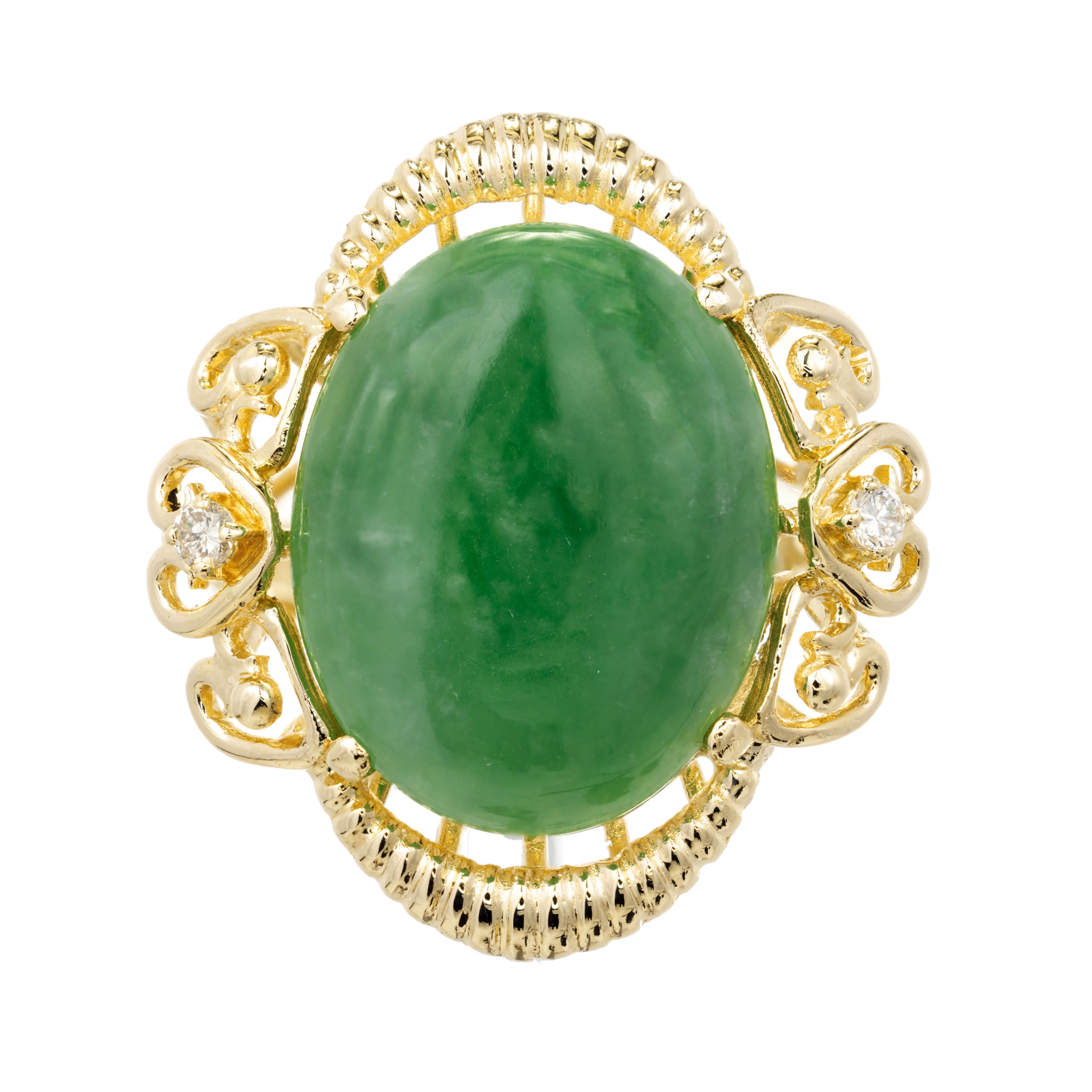 Imperial Green Jadeite jade Marquise Shape cabochon and Diamond Ring ...