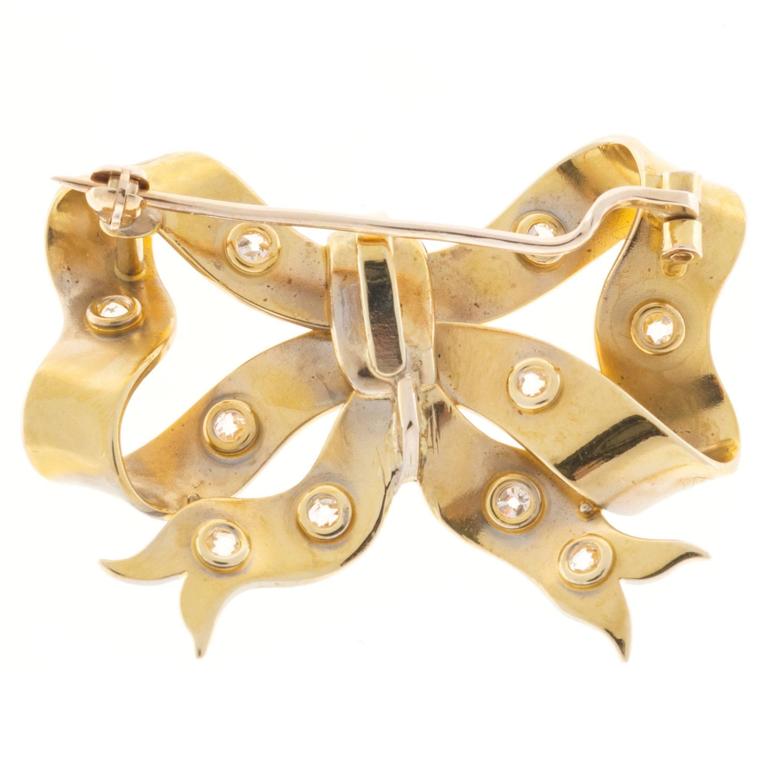 Old Mine Diamond Gold Ribbon Bow Pin at 1stDibs