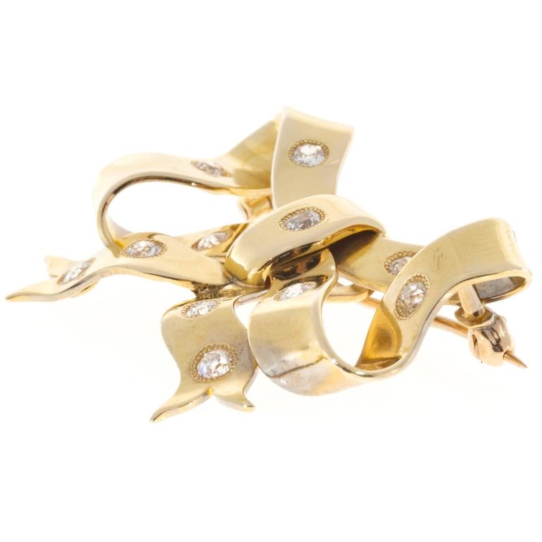 Old Mine Diamond Gold Ribbon Bow Pin at 1stDibs