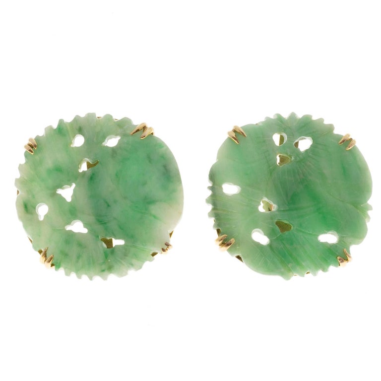 Natural Jadeite Jade Carved Round Tablets Gold Earrings at 1stDibs ...