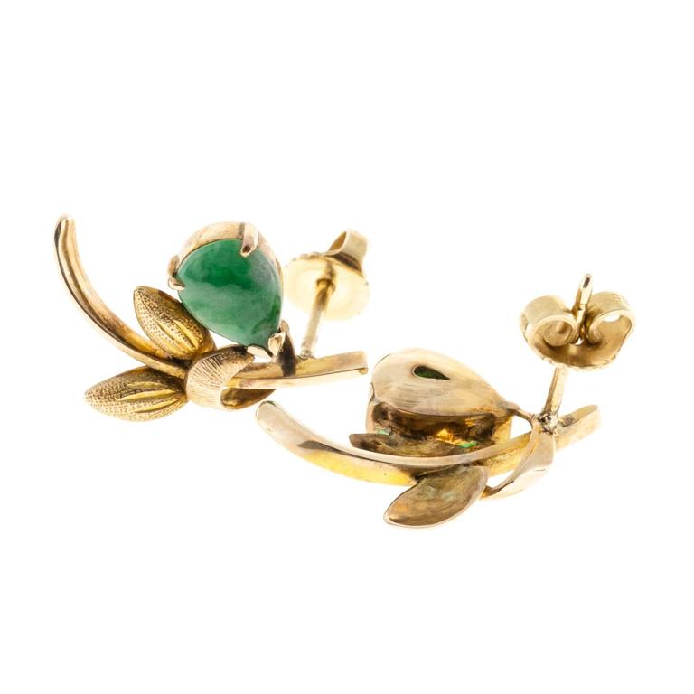 Pear Shaped Jadeite Jade Gold Flower Earrings at 1stDibs