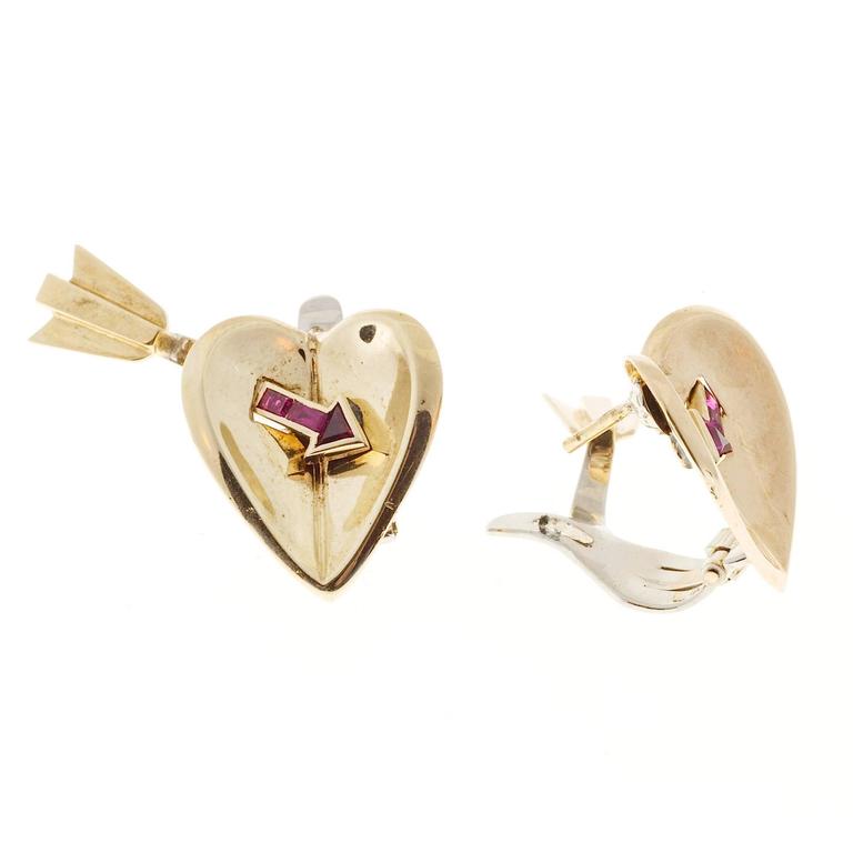 Red Ruby Arrow Gold Heart Earrings For Sale (Free Shipping) at 1stDibs