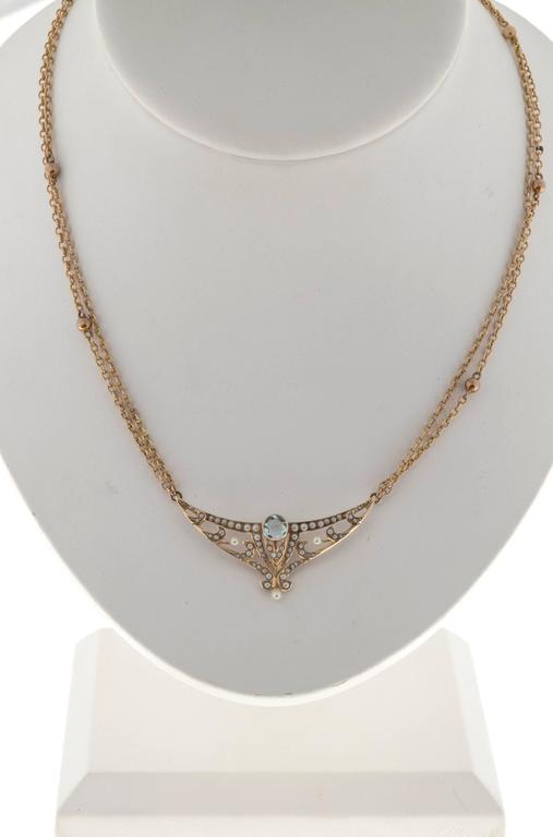 Aquamarine Pearl Gold double chain Pendant Necklace at 1stDibs