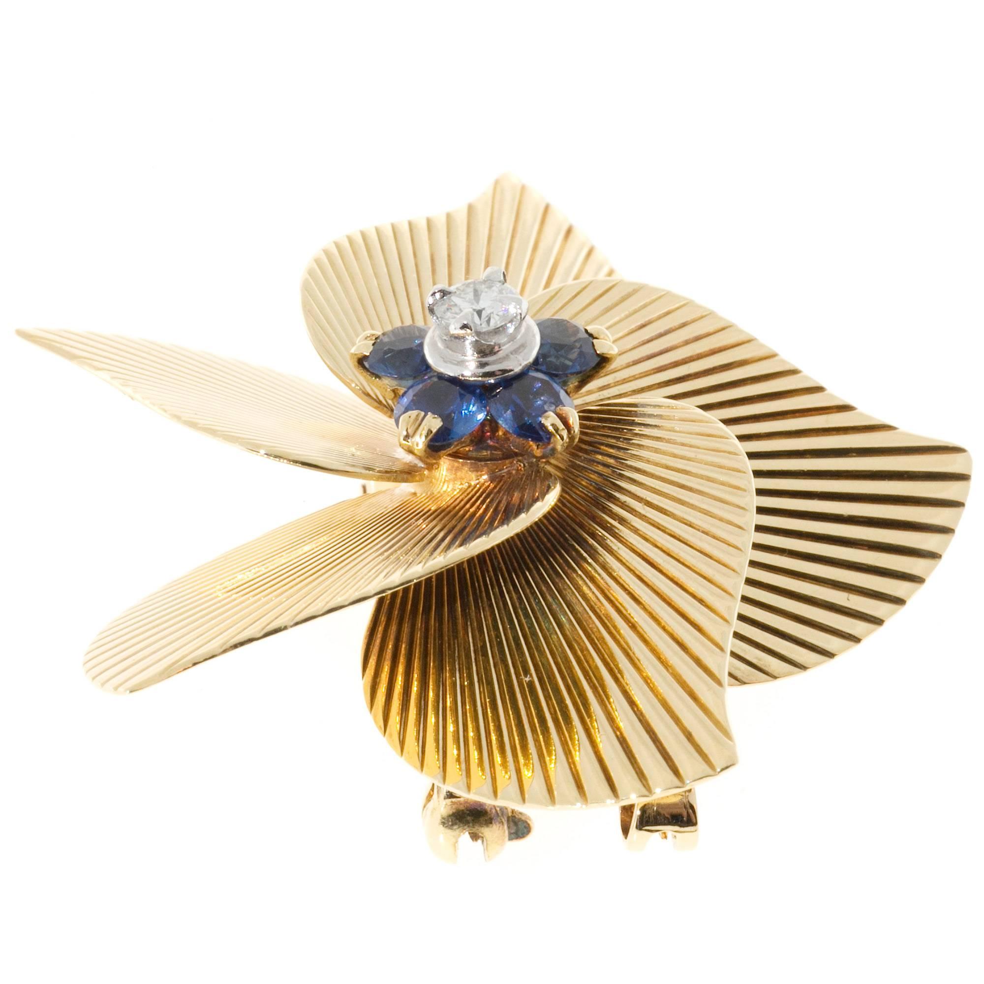Tiffany and Co. Round Sapphire Diamond Gold Flower Pin at 1stDibs | sapphire pin