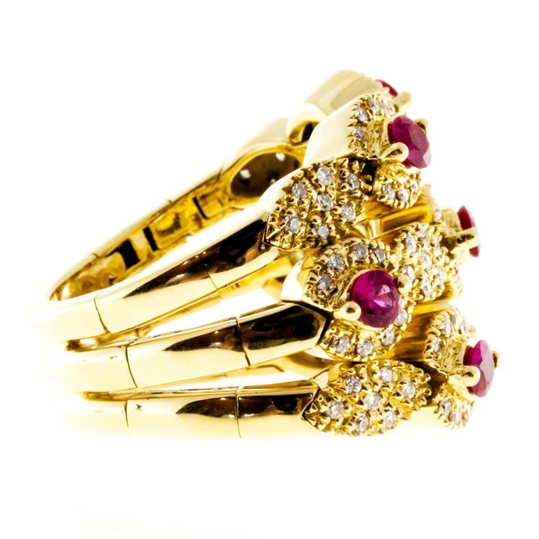 Sonia B Diamond Ruby Yellow Gold Three-Row Ring at 1stDibs