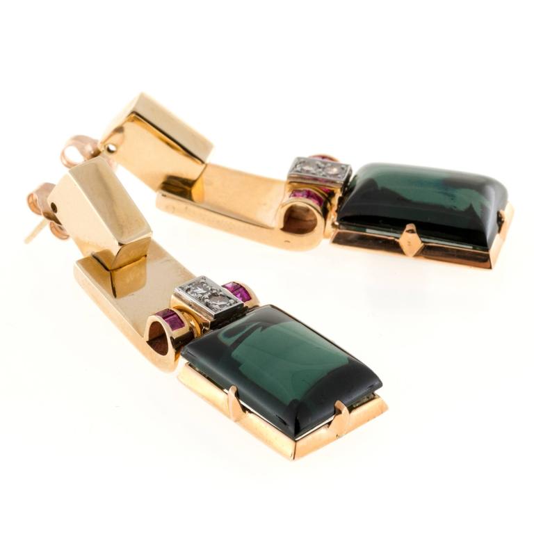 Cabochon Green Tourmaline Ruby Diamond Gold Dangle Earrings at 1stDibs