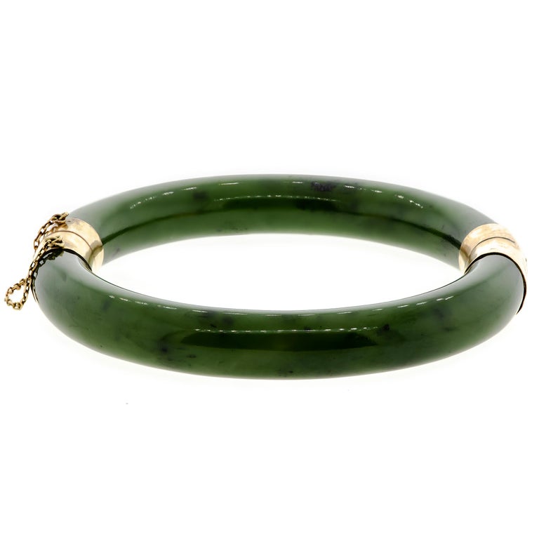 Retro 14 Karat Yellow Gold Nephrite Jade Stiff Hinged Bangle at 1stDibs