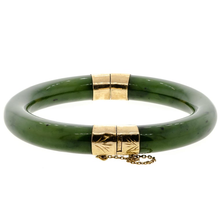 Retro 14 Karat Yellow Gold Nephrite Jade Stiff Hinged Bangle at 1stDibs