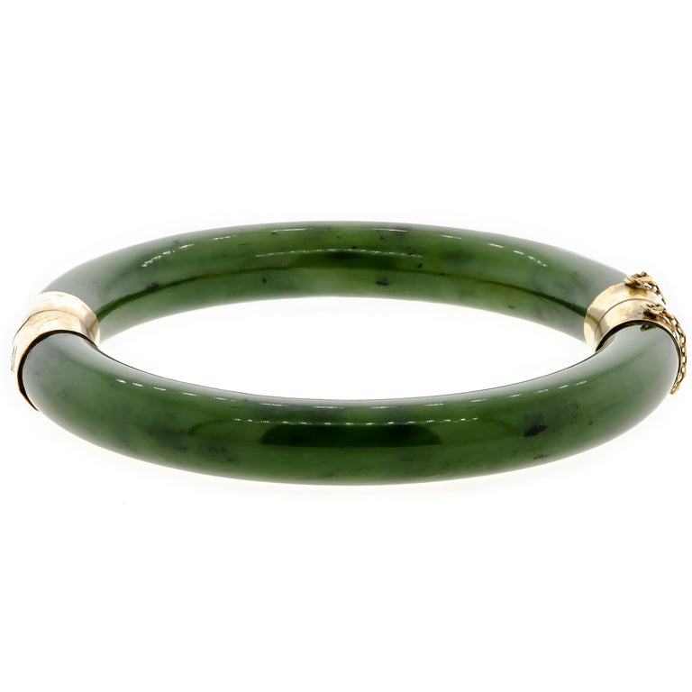 Retro 14 Karat Yellow Gold Nephrite Jade Stiff Hinged Bangle at 1stDibs